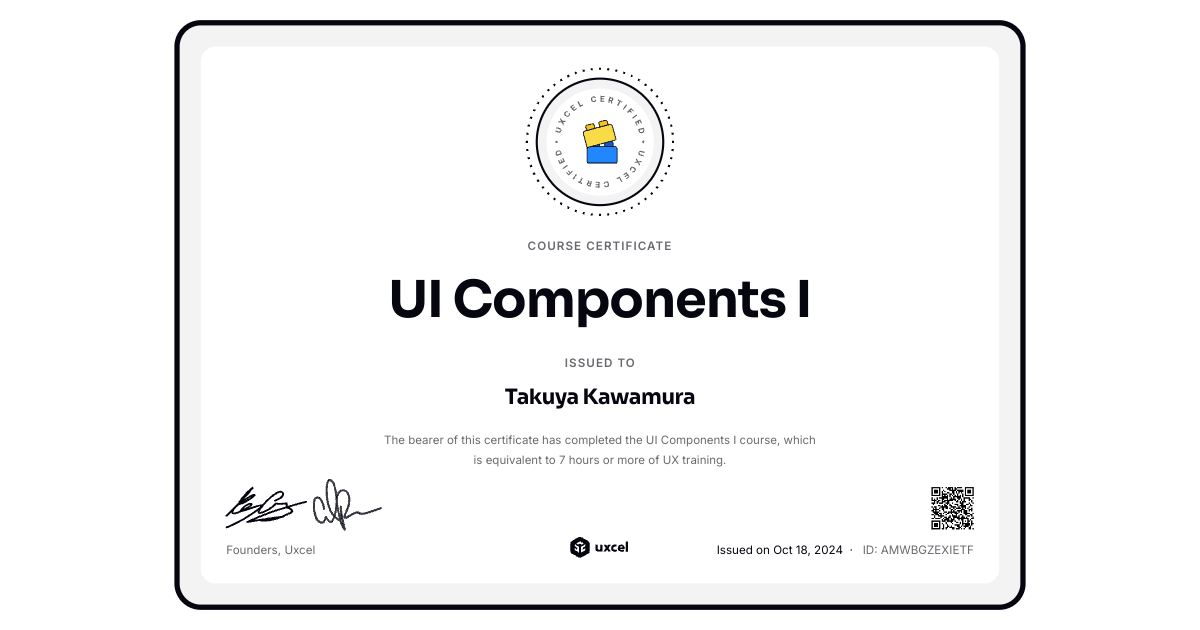 Certificate of completion for UI Components I | Uxcel